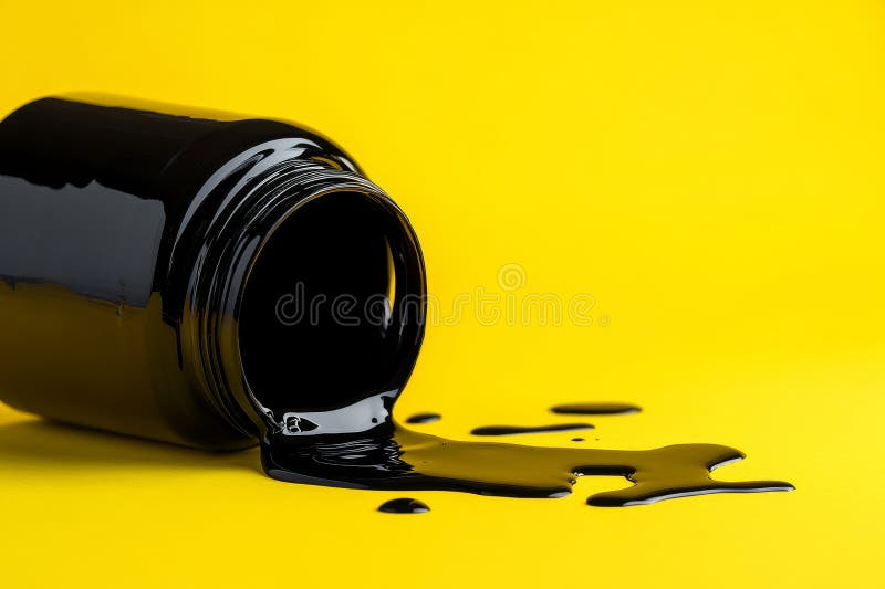 Black Liquid Spilling from a Container on a Vibrant Yellow Background ...