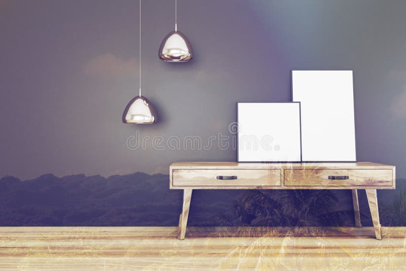 Black Living Room, Table and Poster Stock Illustration - Illustration ...