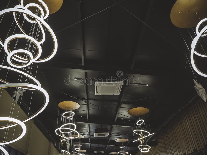 Black Loft Style Ceiling with Bright LED Lights in the Shape of Rings ...