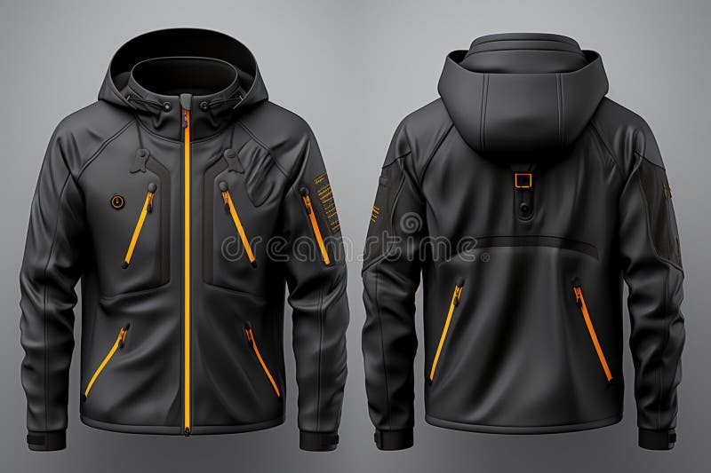 Black Long-sleeved Jacket, Front and Back View, Isolated on Grey Stock ...