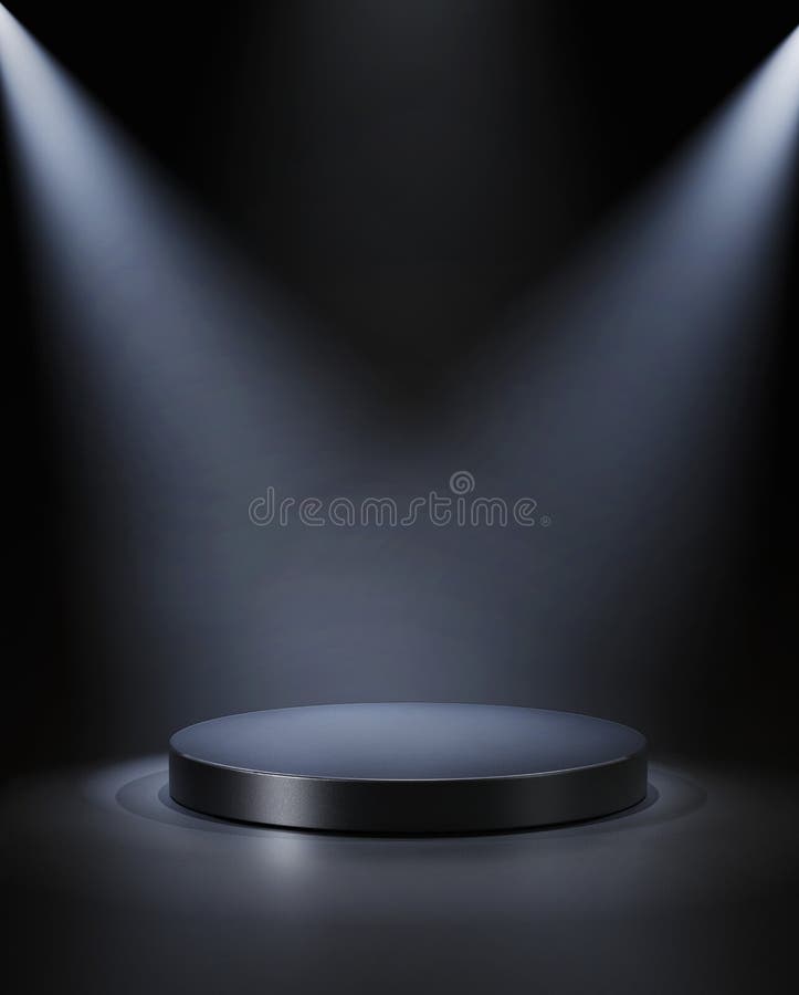 Black Low Round Empty Podium Lit by Pair of Spotlights from Upper ...