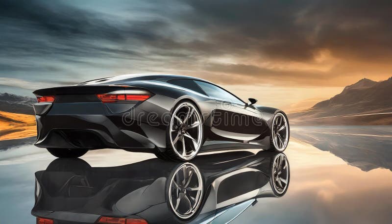 Black Luxury Sport Car. Black Car with Reflection on Road, Back Side ...