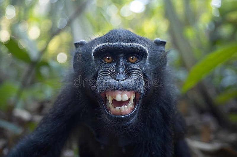 Black Macaque Showing Teeth, Sharp Fangs and a Funny Facial Expression ...