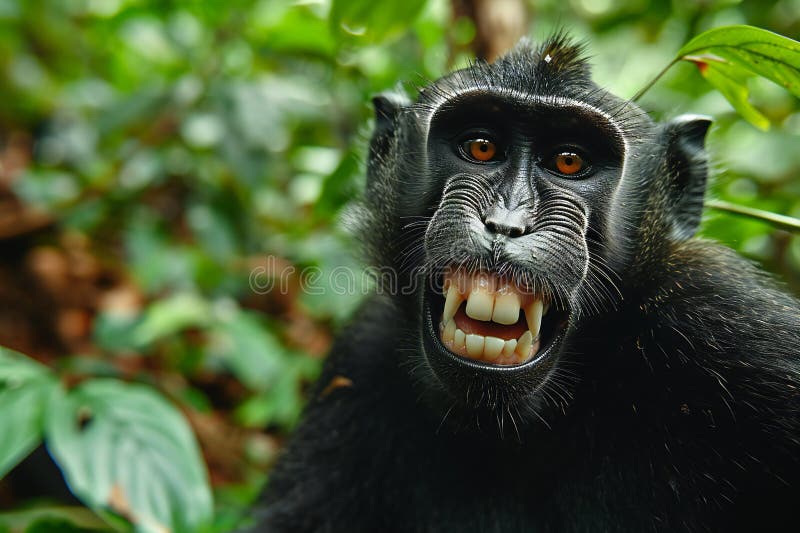 Black Macaque Showing Teeth, Sharp Fangs and a Funny Facial Expression ...