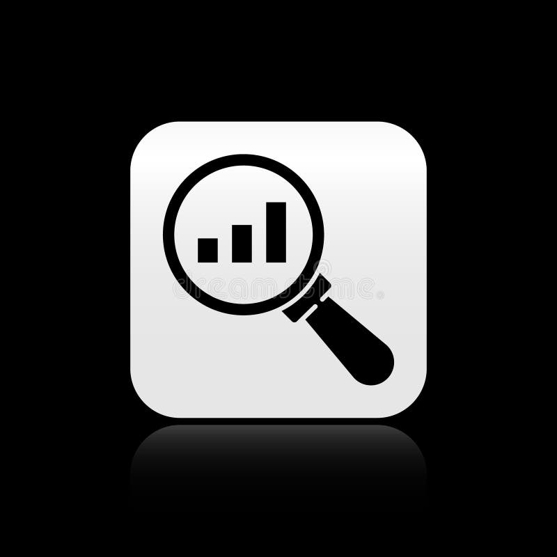 Black Magnifying Glass and Data Analysis Icon Isolated on Black ...