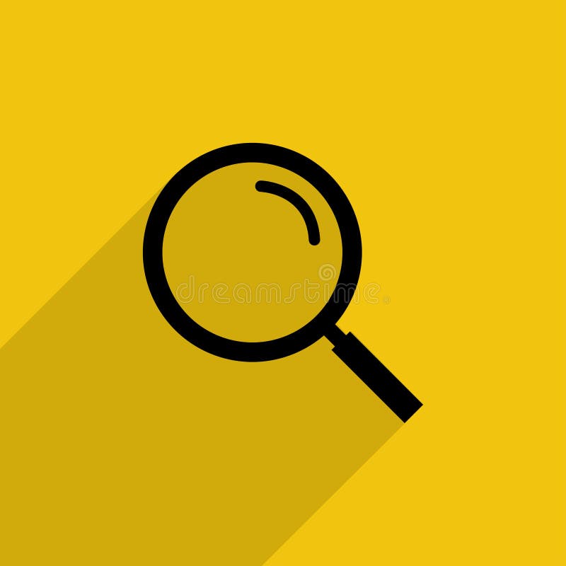 Black Magnifying Glass with Shadow in Flat Style, Vector Icon on Yellow ...