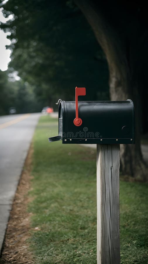 Black Mailbox on Wooden Post by Roadside with Blurred Background Stock ...