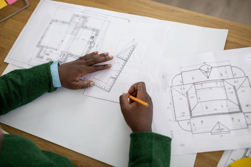Black Male Architect Drawing Plan in Office, Closeup of Hands Stock ...