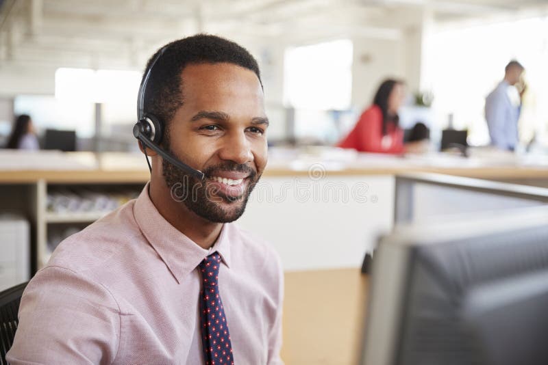 Black Male Call Centre Worker Looking at Screen, Close-up Stock Image ...