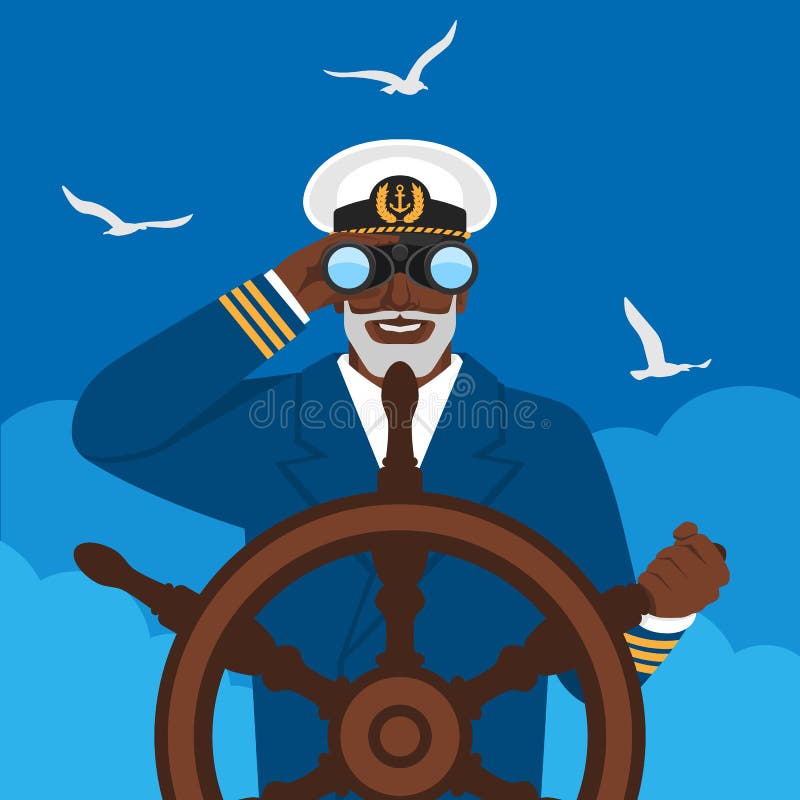 Black Male Captain Looking Through Binoculars Standing At Helm Of Boat ...