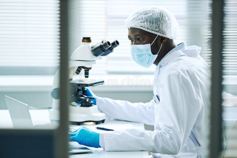 Black Male Scientist Working in Laboratory with Microscope Stock Photo ...
