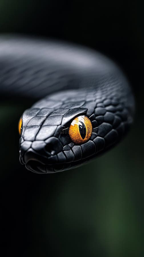 A Black Mamba Snake is Coiled, Displaying Its Glossy Black Scales and ...