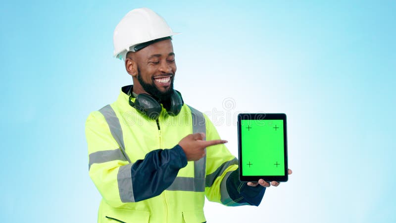 Black Man, Architect and Tablet with Green Screen for Construction ...