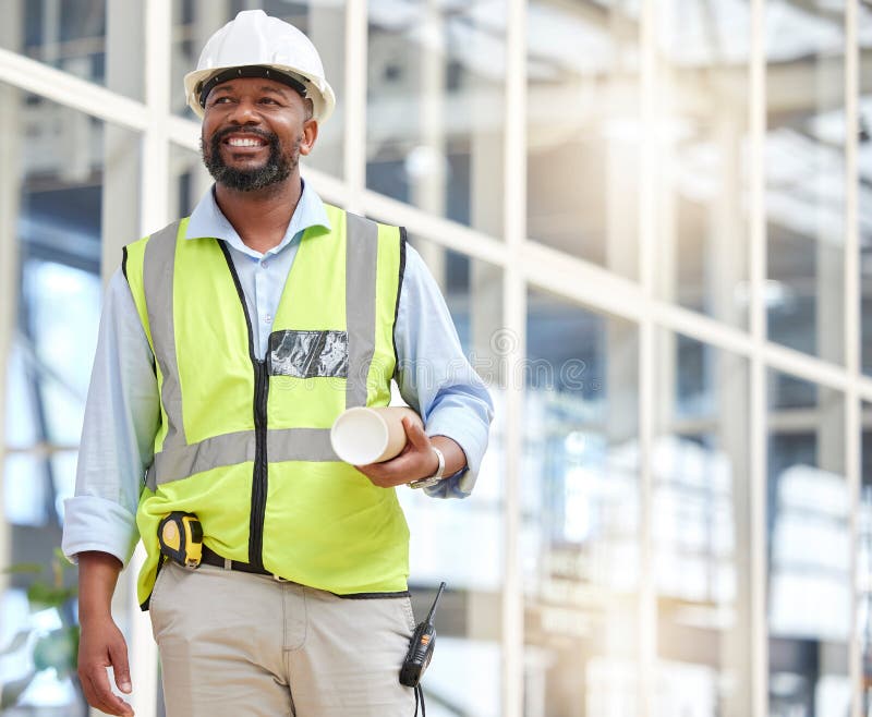 Black Man, Blueprint or Construction Manager Walking in Building Site ...