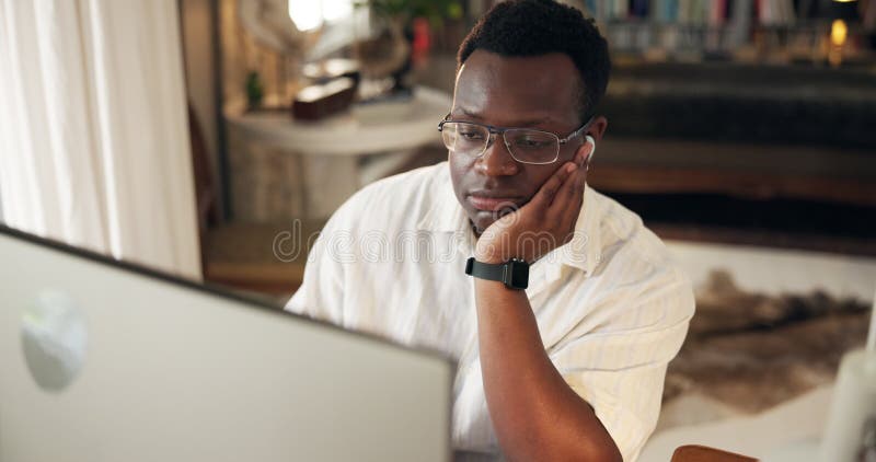 Black Man, Bored and Computer in Home for Education, Reading or E ...