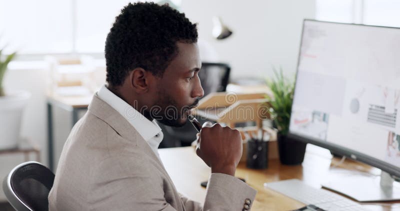 Black Man, Business and Thinking at Computer with Data Analysis and ...