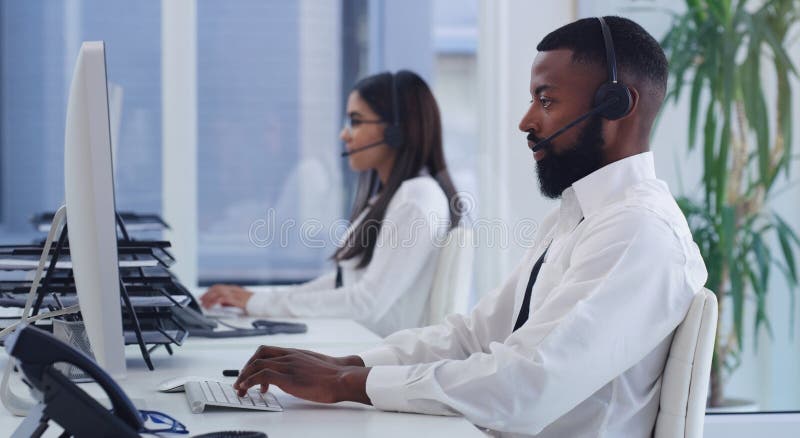 Black Man, Call Center and Computer with Typing in Office for Email ...