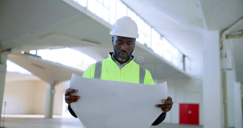 Black Man, Civil Engineer and Paperwork with Blueprint for Construction ...