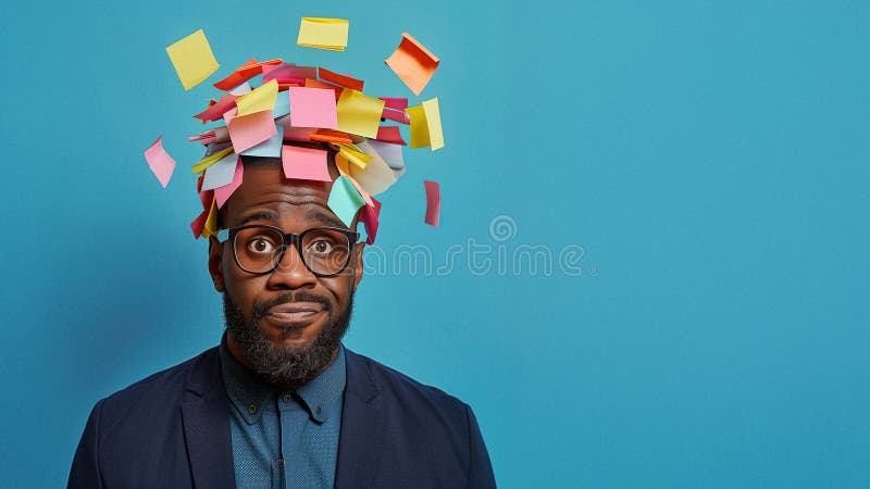 Black Man with Colored Sticky Notes Over Head. Too Many Tasks,ideas ...