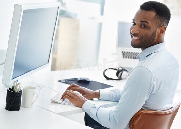 Black Man, Computer and Design Software at Desk, Online and Transform ...