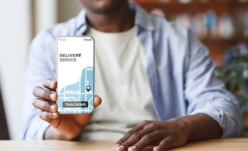 Black Man Demonstrating Smartphone with Opened Delivery Service ...