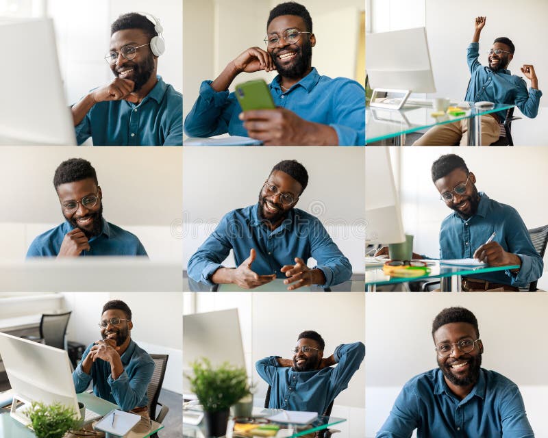 Black Man Engaged in Various Activities in Bright Office Setting Stock ...