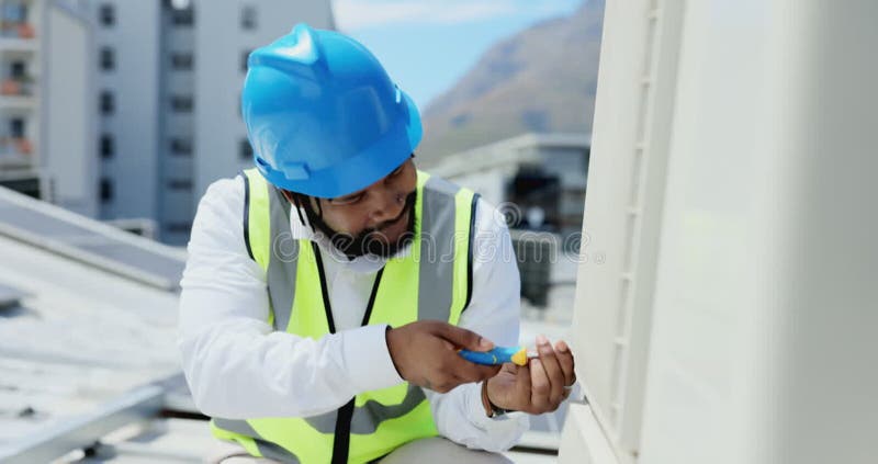 Black Man, Engineer and Inspection with Screwdriver for Panel Fitting ...