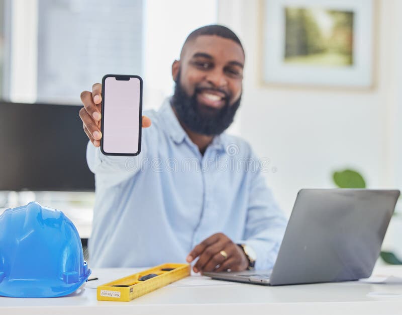 Black Man, Engineer or Phone Mockup in Office for Communication ...