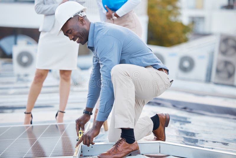 Black Man, Engineer and Solar Panel Grid Installation of Construction ...