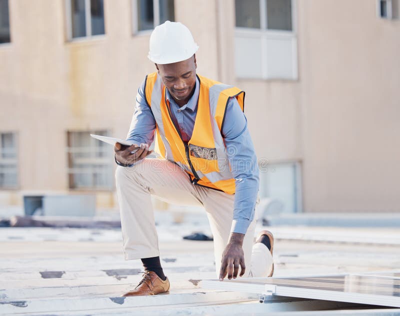 Black Man, Engineer Tablet and Solar Panel Grid Installation of ...