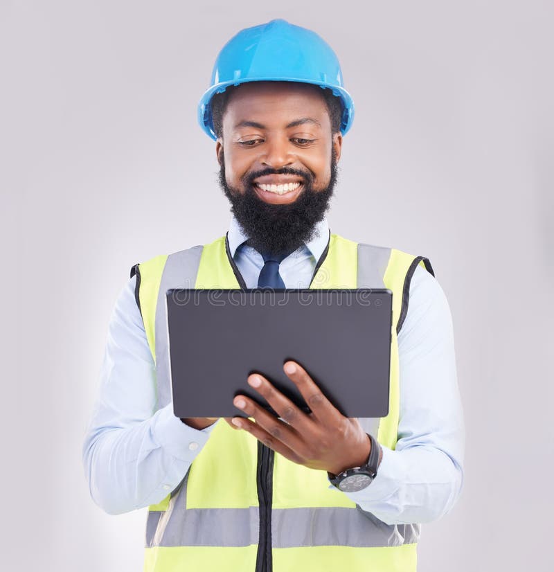 Black Man, Engineer and Tablet in Studio for Construction with Smile ...