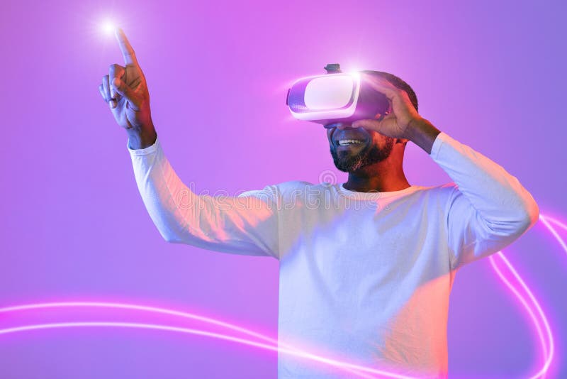 Black Man Enjoying Augmented Reality Experience, Using VR Headset Stock ...
