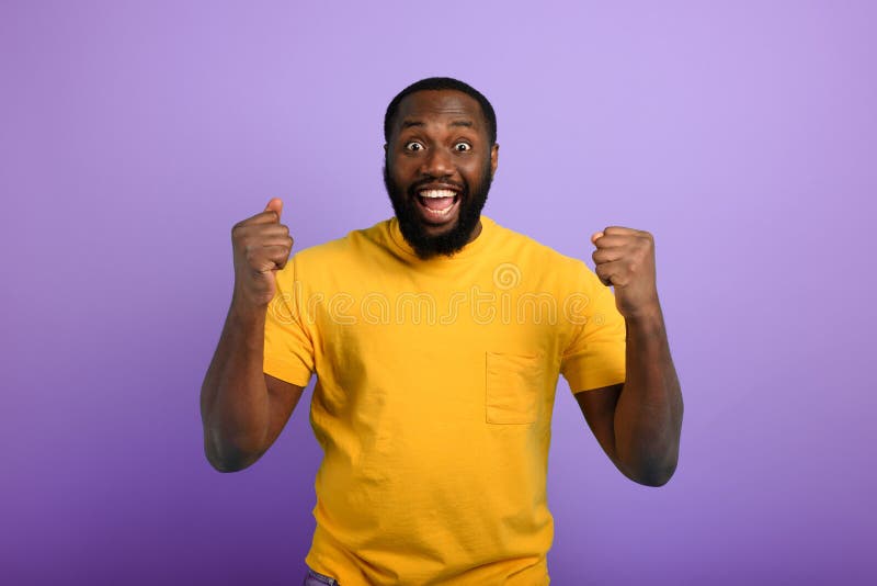 Black Man is Happy. Joyful and Happiness Expression. Purple Background ...