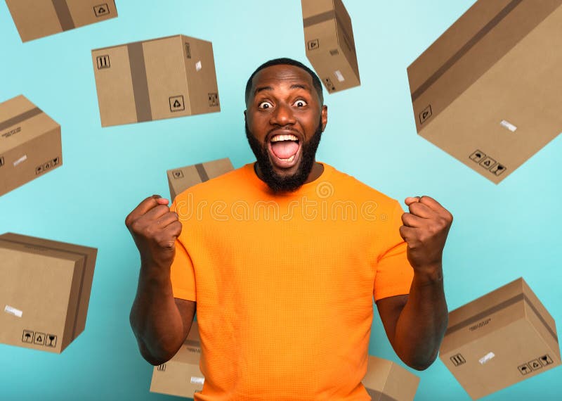 Black Man is Happy To Receive a Lot of Packages Stock Photo - Image of ...