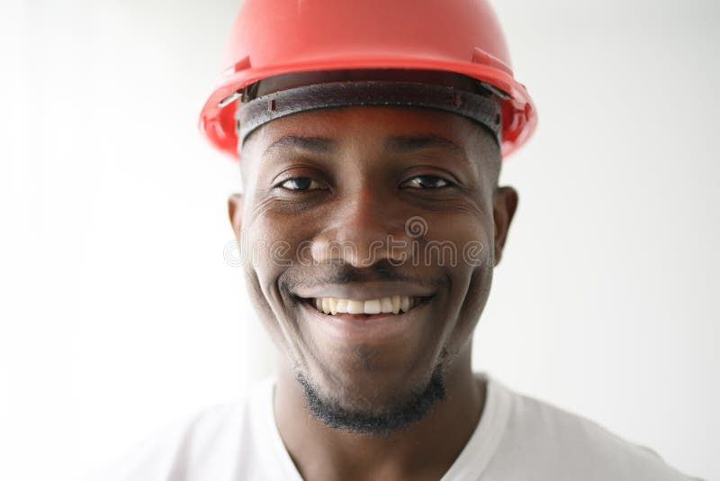 Black Man with Hard Hat To House Inspector on Studio White Background ...