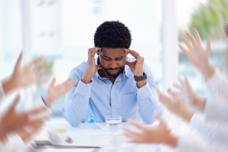 Black Man, Headache or Stress in Business Meeting with Team Hands for ... Black Man, Headache or Stress in Business Meeting with Team Hands for ...