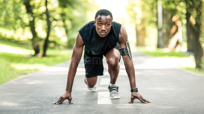Black Man Jogger Ready Position Training Park Stock Photos - Free ...