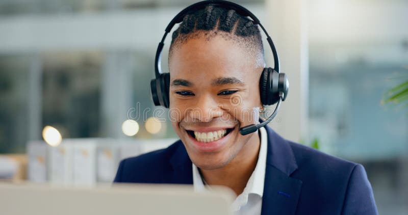 Black Man, Laptop and Call Centre Operator in Office, Crm and ...