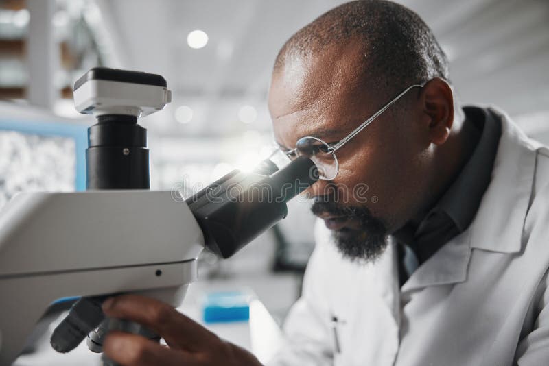 Black Man, Medical Science and Microscope in Laboratory for Analysis ...