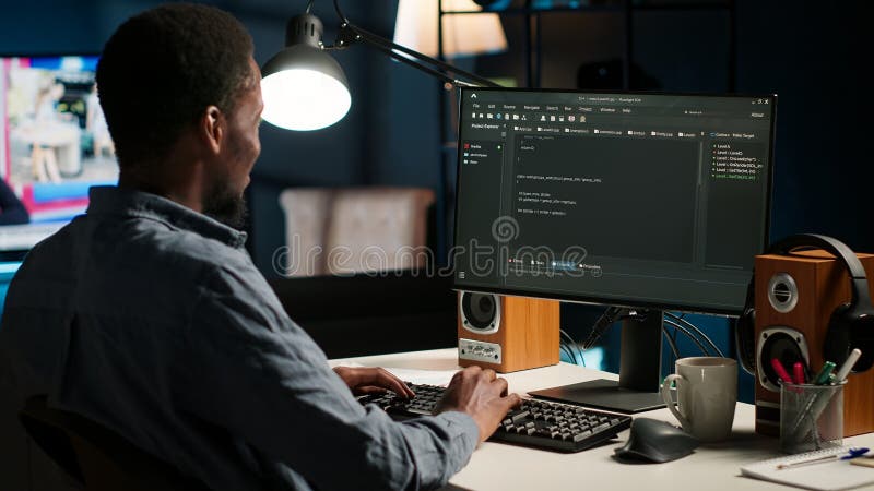 Black Man Programmer Manages Code and Scripts in Artificial Intelligence Stock Photo - Image of ...