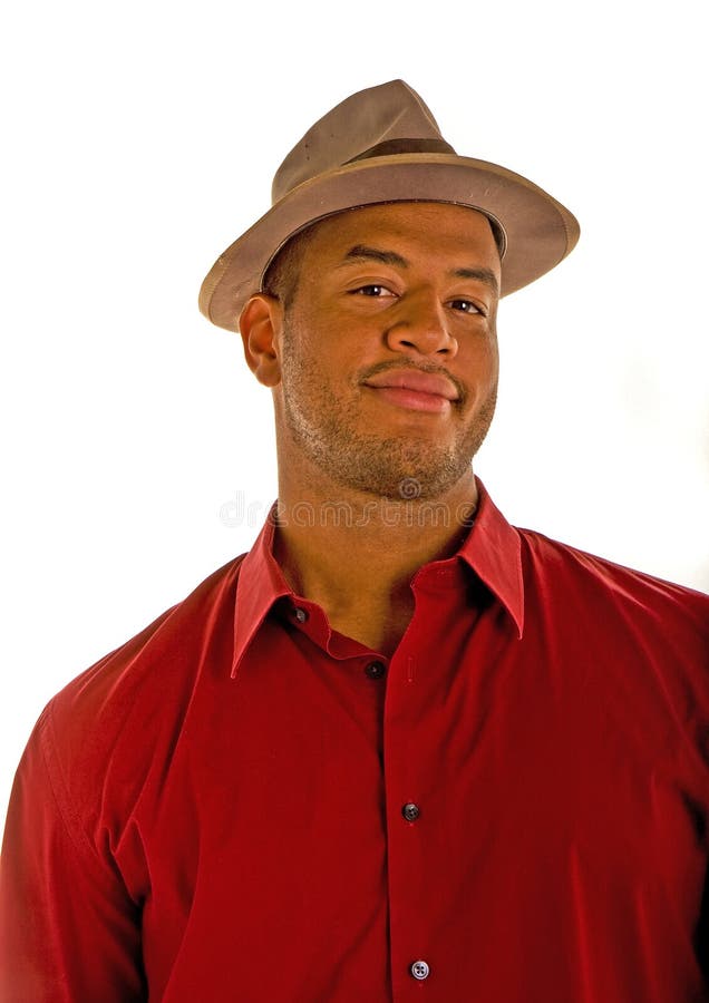 Black Man in a Red Shirt and Brown Hat Smirk Stock Image - Image of ...