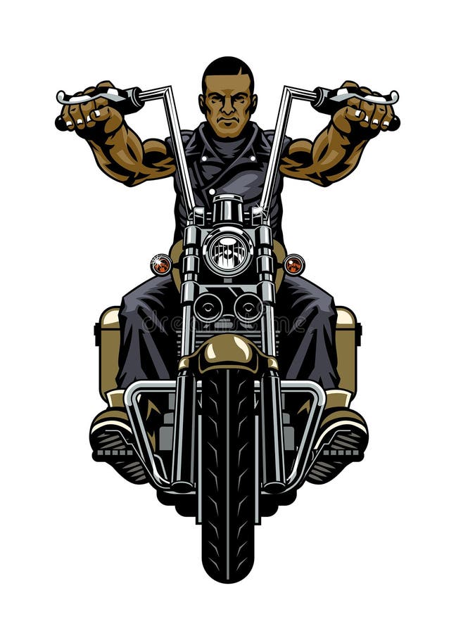Black Man Riding Vintage Motorcycle in Front View Stock Vector ...
