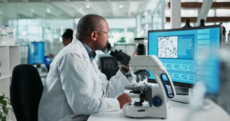 Black Man, Science and Microscope in Laboratory, Medical and Medicine ...