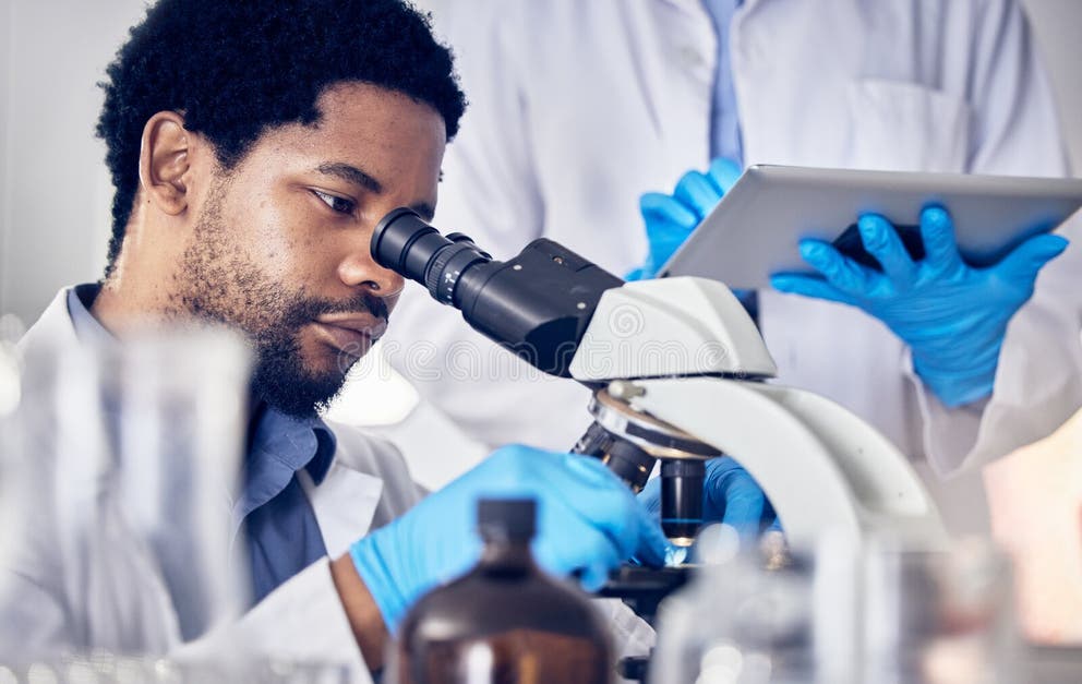 Black Man, Scientist and Microscope with Science Research in Laboratory ...