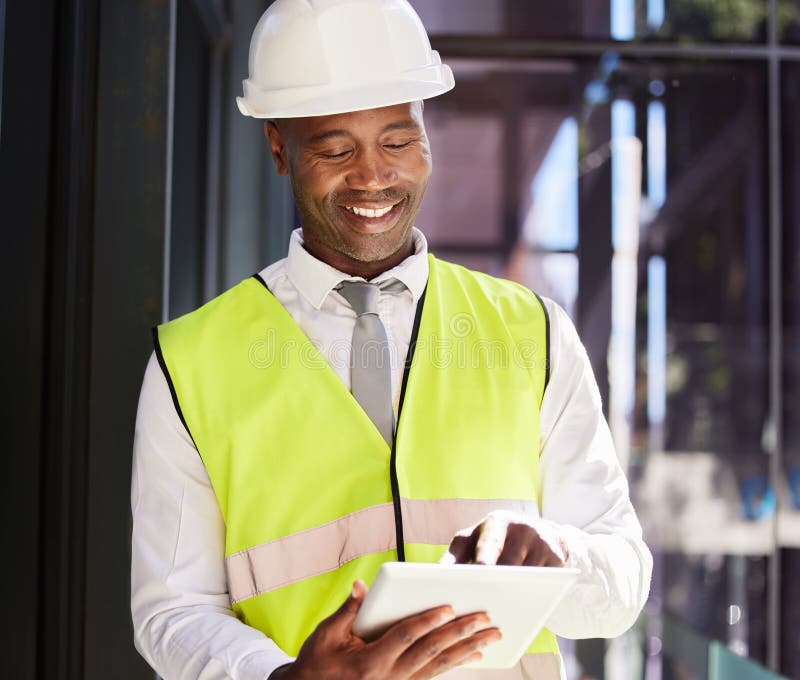 Black Man, Smile and Engineer with Tablet, Construction Worker or ...