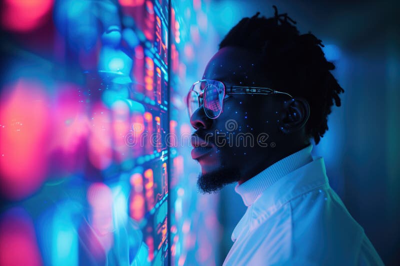 Black Man Standing by Screen with Futuristic Light Effects Ai Stock ...