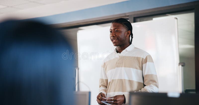Black Man, Student and Presentation with Whiteboard for Learning ...