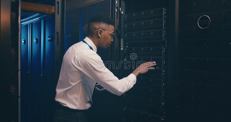 Black Man, Tablet and Inspection in Server Room with Cybersecurity ...