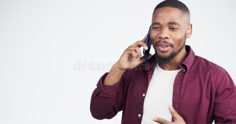 Black Man, Talking and Phone Call on Isolated White Background in ...