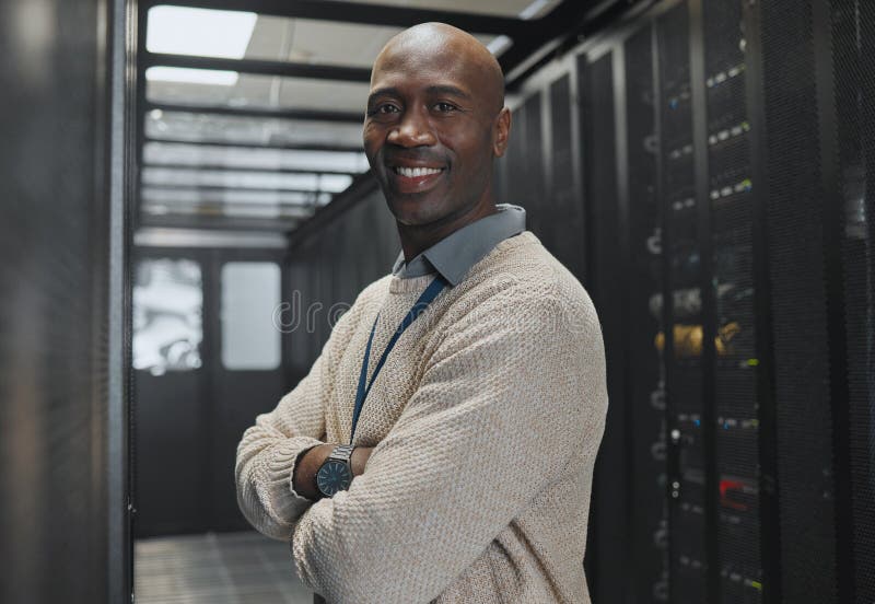 Black Man, it Technician in Server Room and Portrait with Smile ...